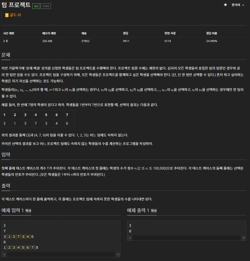 백준 9466, 텀 프로젝트 - DFS